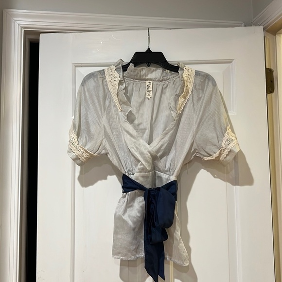 Floreat | Tops | Floreat Sheer Pinstripe Sheer Cross Over Shirt With ...